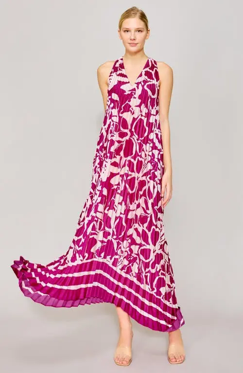 Melloday Pleated Floral Satin Maxi Dress In Magenta/ Ivory